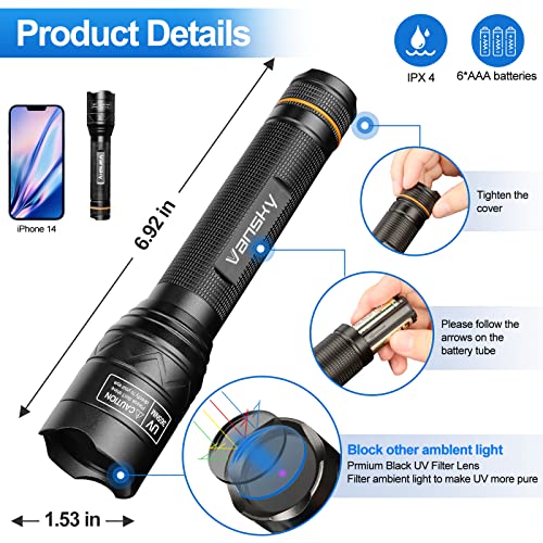Vansky X7 Pro 365nm UV Light Blacklight Flashlights: LED Black Light Flashlite Professional Ultraviolet Flashlight Pet Urine Detector for Dog Cat, Resin Curing and Rock Hunting(Batteries are Included)