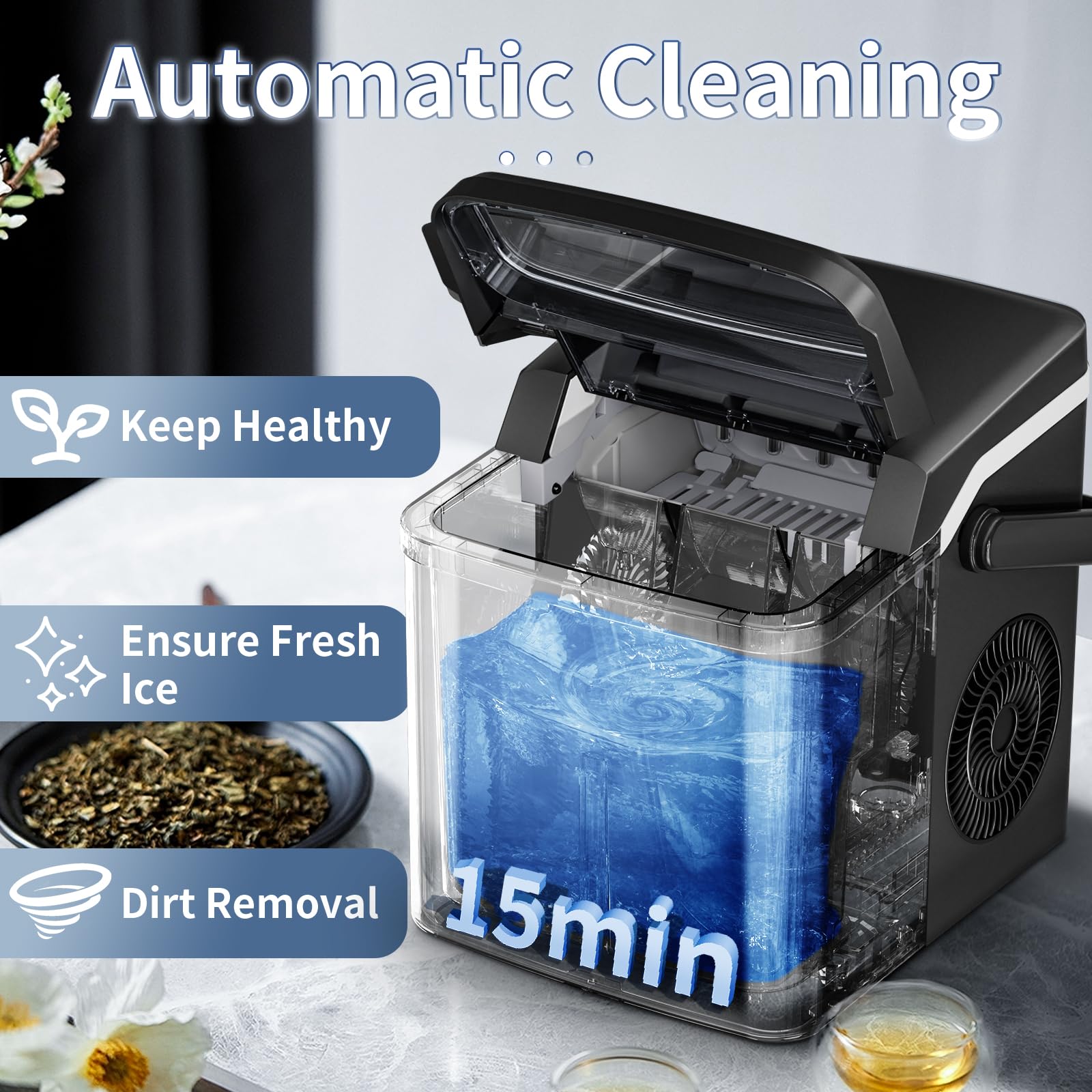 Antarctic Star Ice Maker Countertop, 26Lbs/24H, 2 Sizes Bullet Ice Cubes with Handle, 9 Cubes in 6 Mins, Portable Ice Machine with Self-Cleaning, for Office/Dorm/Kitchen/RV, Grey