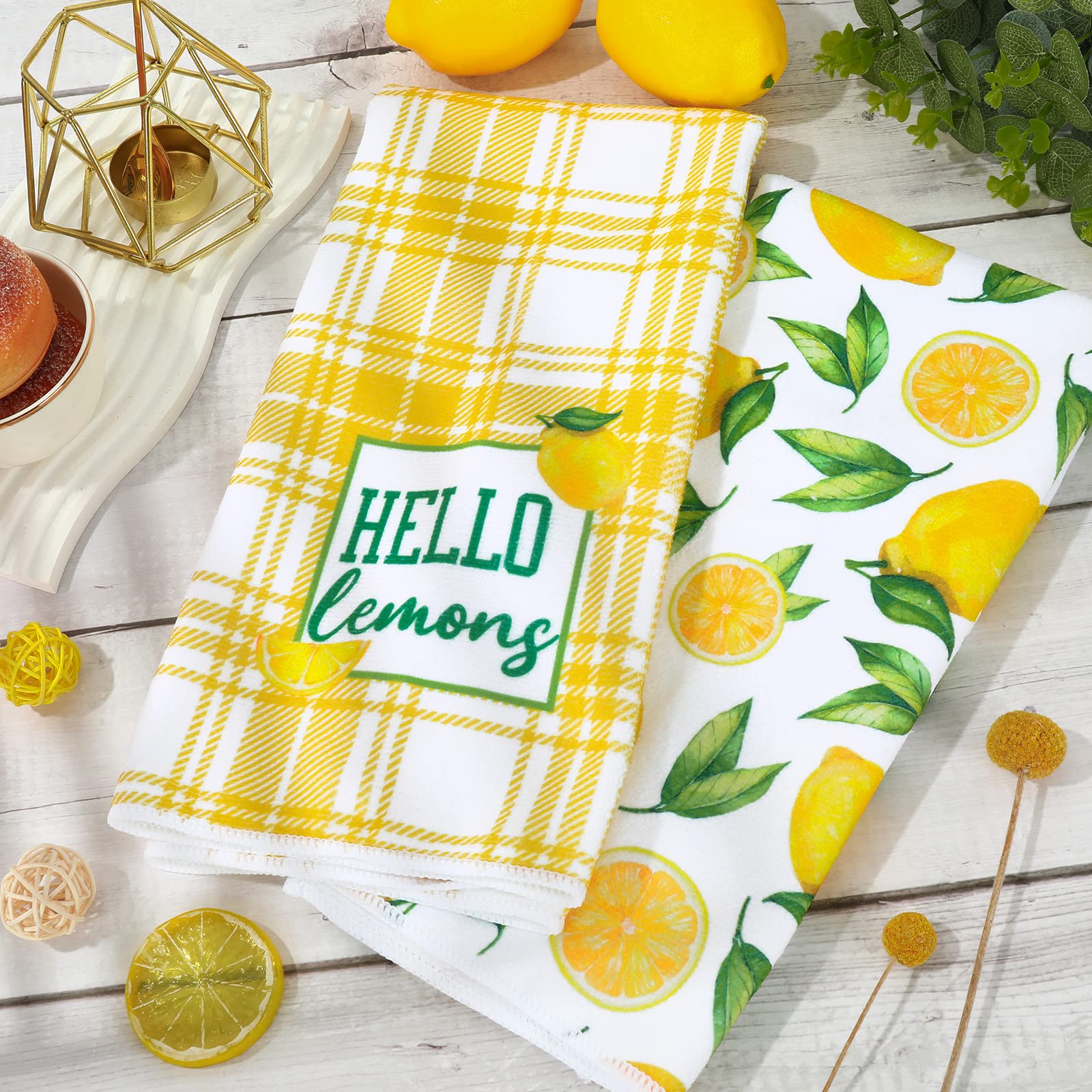 AnyDesign Lemon Kitchen Towel Watercolor Hello Lemons Dish Towel 18 x 28 Inch Spring Summer Yellow Check Plaids Hand Drying Tea Towel for Farmhouse Cooking Baking Cleaning Wipes, Set of 2