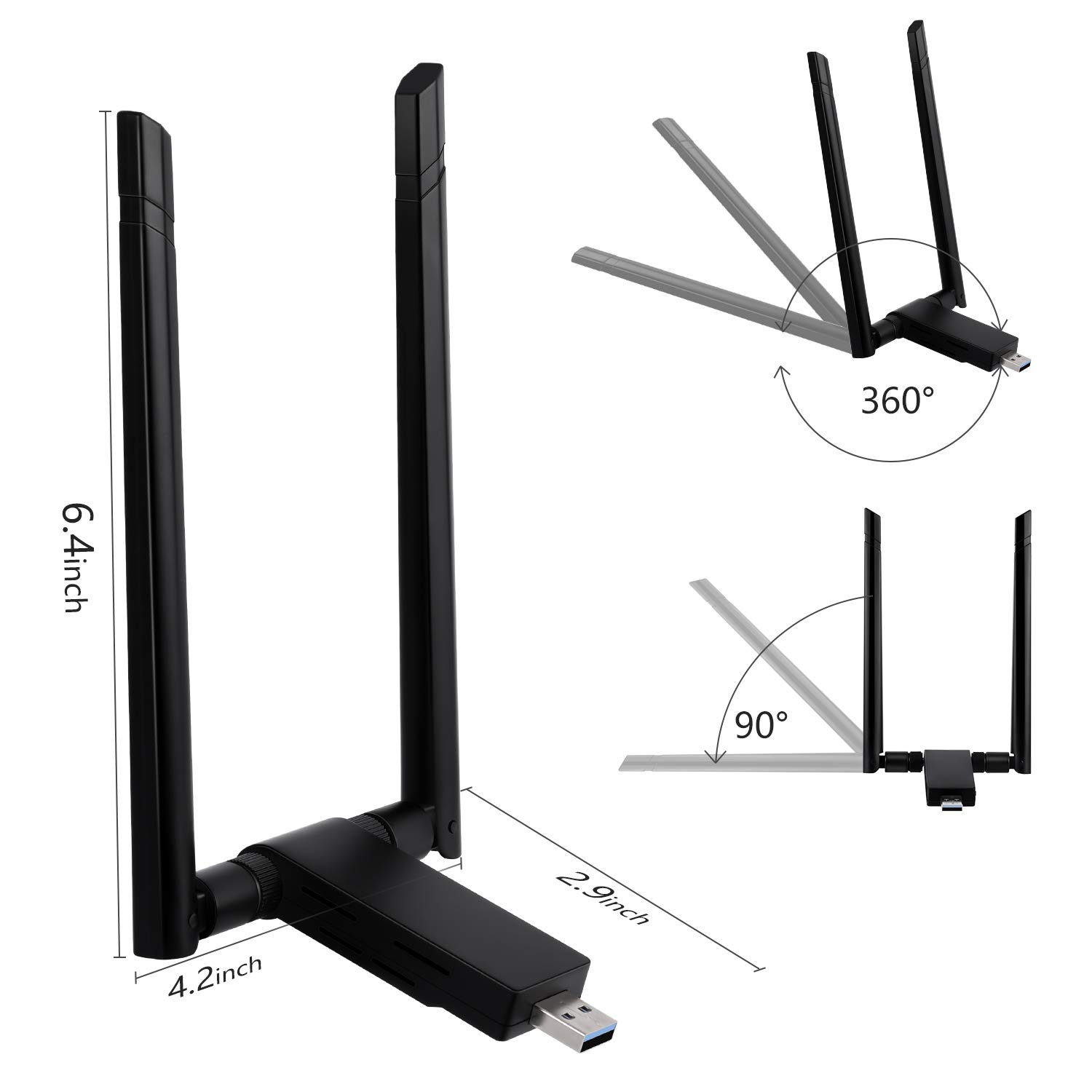 OOWOLF USB WiFi Adapter 1200Mbps Dual Band 2.4GHz/300Mbps 5.8GHz/867Mbps USB 3.0 Wireless WiFi Dongle with 5dBi High Gain Antenna for PC, Desktop, Laptop of Windows XP/Vista/7/8/10, Mac, Linux