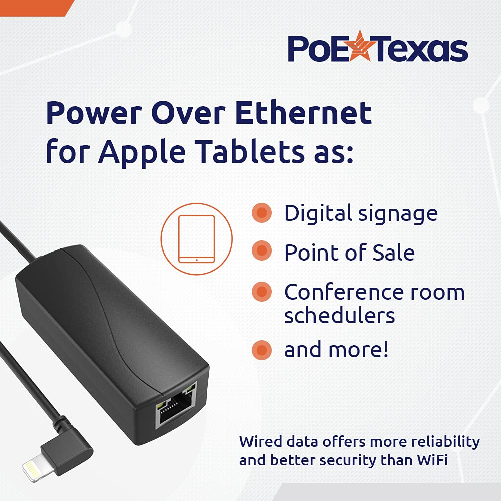 PoE Texas PoE Power and Ethernet Adapter for Apple Tablets and Phones for POS, Digital Signage, & More - 802.3af POE to 5 Volt Splitter - Extends Charging & Data Delivery Up to 328 Feet