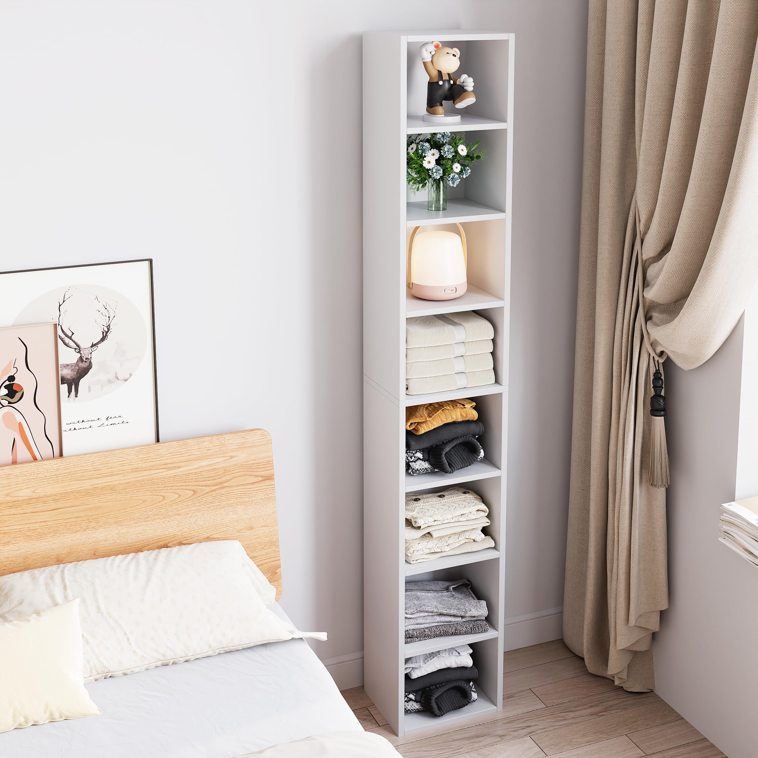 Bamjoy 71 Inches Tall Narrow Bookshelf, 8-Tier CD DVD Slim Media Tower Rack, Corner Bookcase with Adjustable Shelves, Skinny Cubes Bookshelves for Home Office Small Space, White