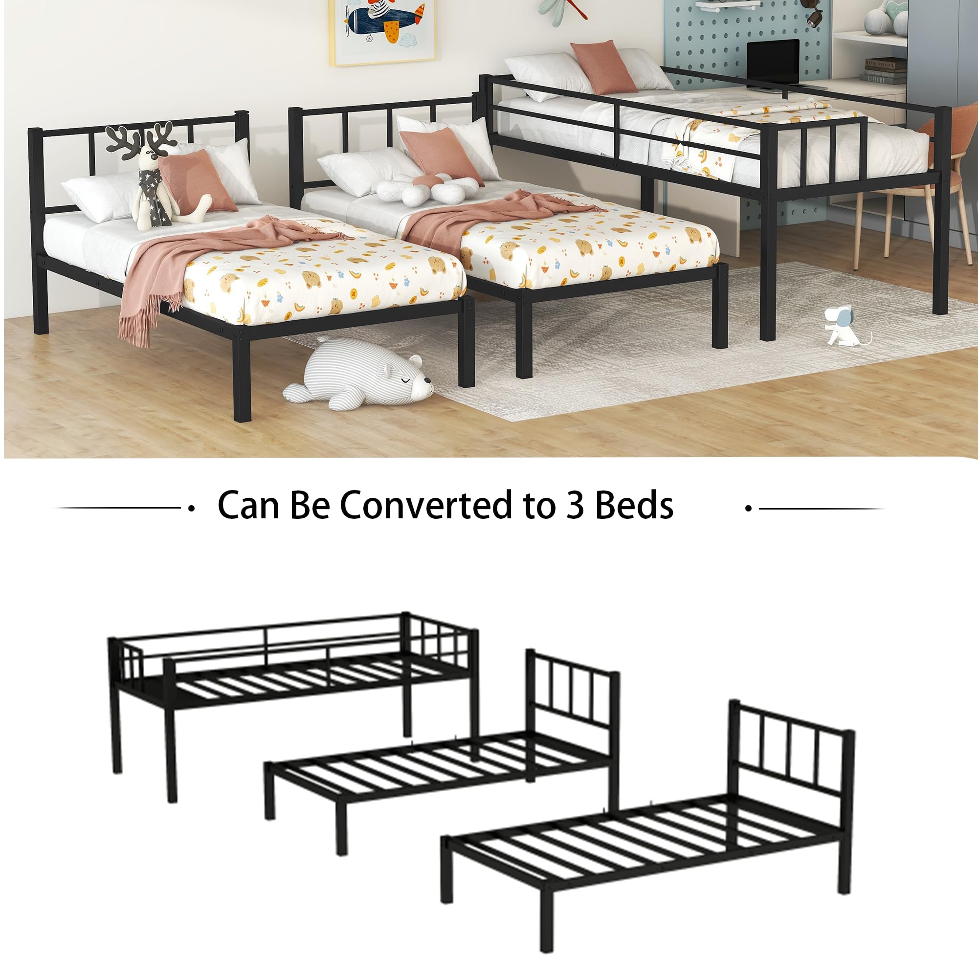Bellemave Triple Bunk Bed for 3 Metal Twin Over 2 Twin Bunk Bed with Shelf for Kids Boys Girls, Detachable Triple Bunk Bed Can be Divided Into Three Beds, Black