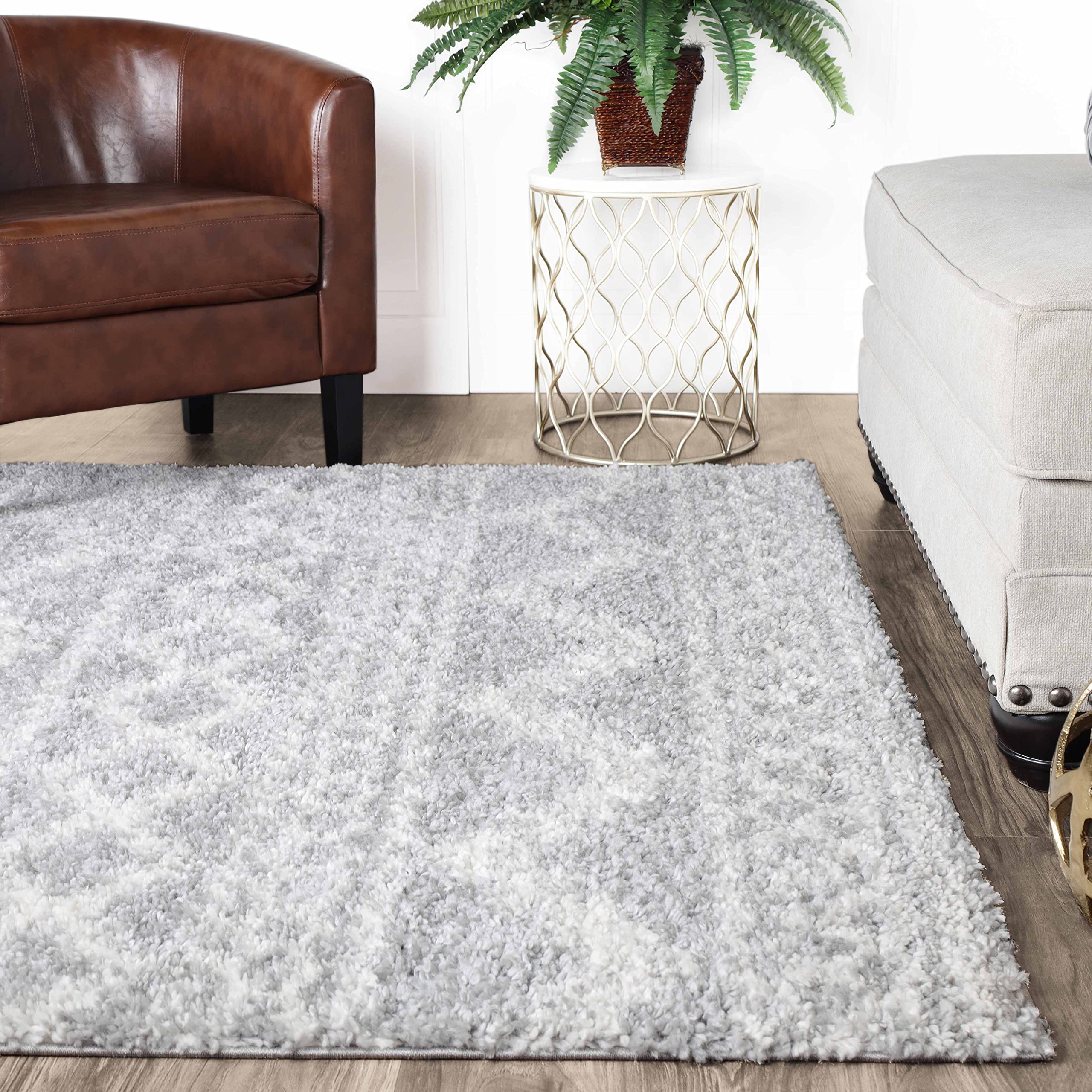 Superior Indoor Area Rug Perfect for Bedroom, Laundry Room, Office, Playroom, Nursery, Fluffy Carpet Cover, Modern Geometric Diamond Lattice Shag Rhea Collection, 8' x 10', Light Grey & Ivory