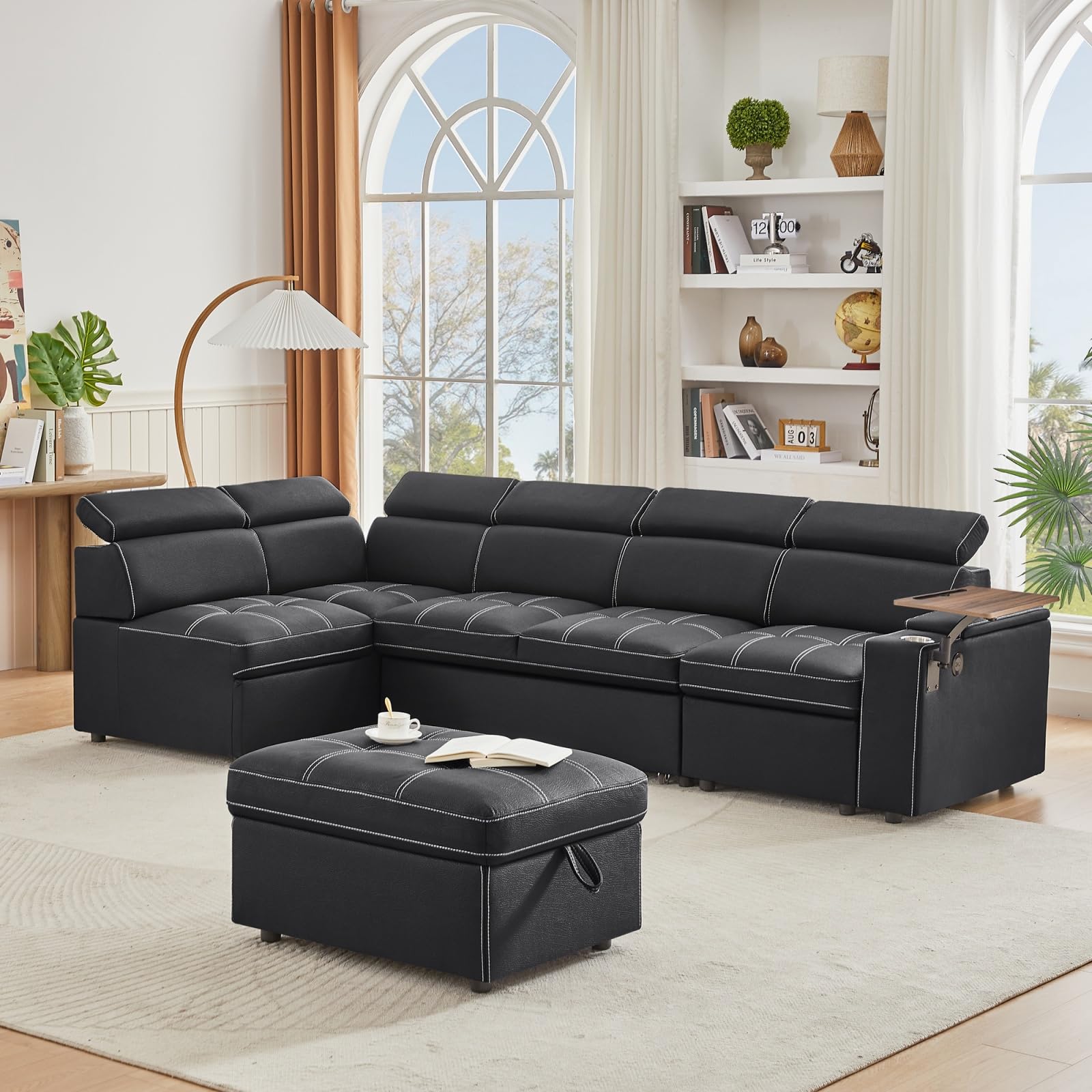 65'' Sleeper Sofa with Pull Out Bed, Convertible Sofa Couch for Living Room, Adjustable Backrest Sleeper Couch with 360 Degree rotatable Side Table for Living Room,RV