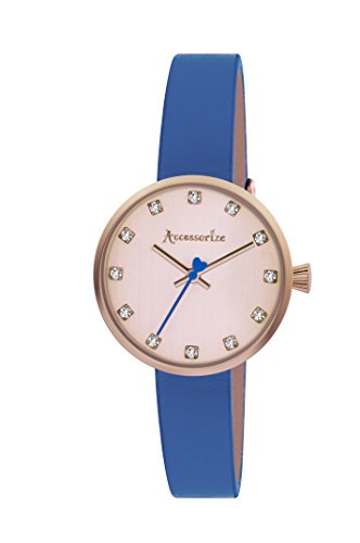 Accessorize Women's Quartz Watch with Rose Gold Dial Analogue Display and Blue PU Strap AZ2008