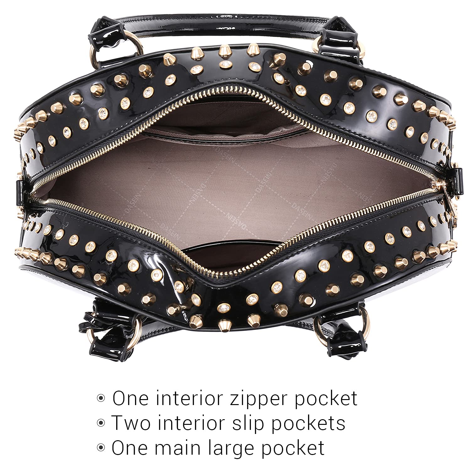 Dasein Women Patent Leather Purses Handbags Dome Satchel Purse Work Tote Structured Shoulder Bag with Long Strap (Black)