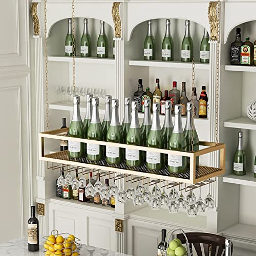 DASHADAO Hanging Wine Glass Rack-Bar Unit Floating Shelves, Metal Chain Wine Rack Ceiling Hanging Wine Bottle Holder with Goblet Stemware Racks Kitchen Upside Down Wine Rack Home Storage Sh