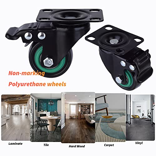Caster Wheels 2 inch Heavy Duty with Brake,Swivel Plate(2.76 * 1.97 inch) Casters Set of 4 Total Load Capacity 616 lbs,No Floor Marks,Silent Polyurethane (PU) for Dolly Furniture Wheels