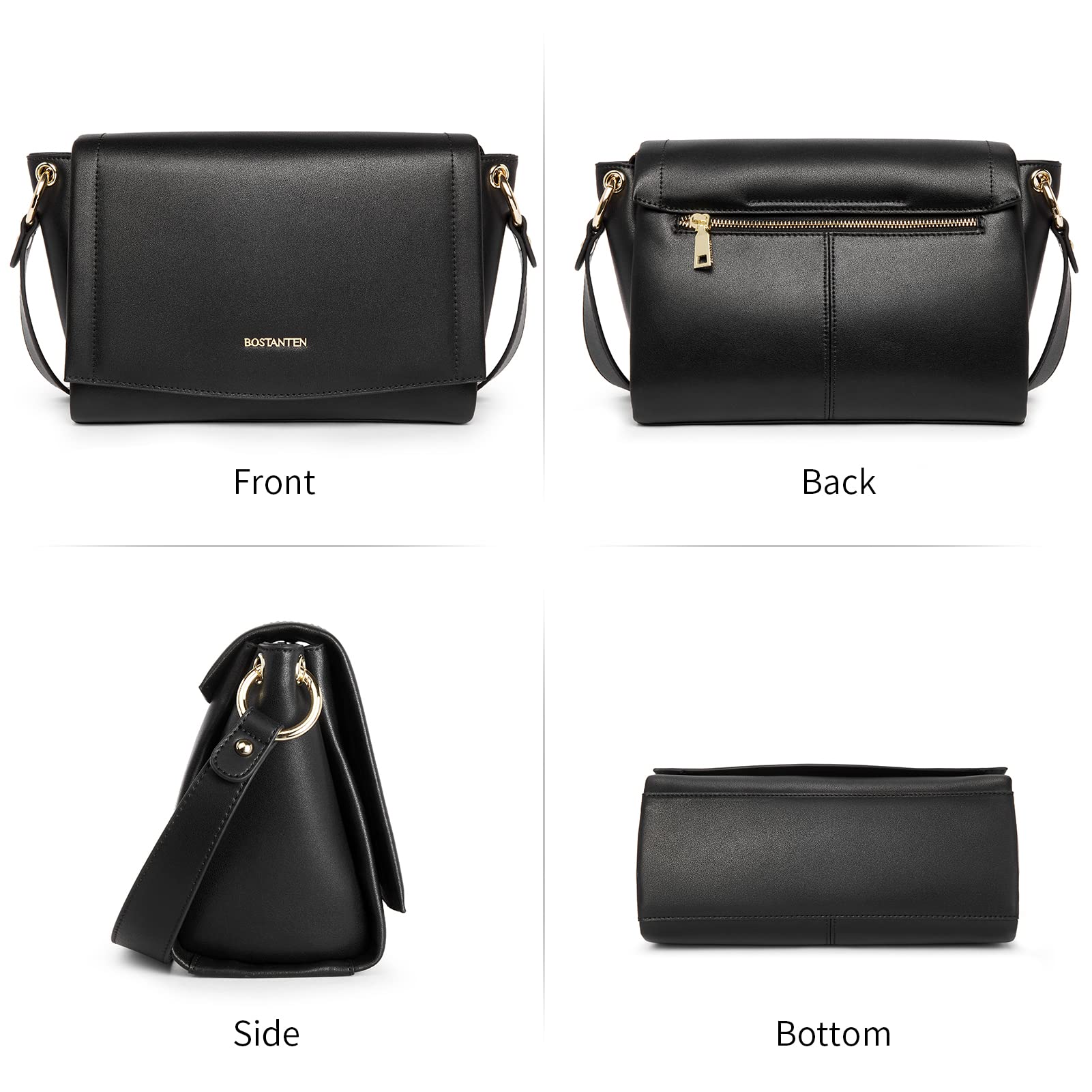 BOSTANTEN Womens Leather Crossbody Bags Designer Handbag Medium Trendy Shoulder Bag Purse Black