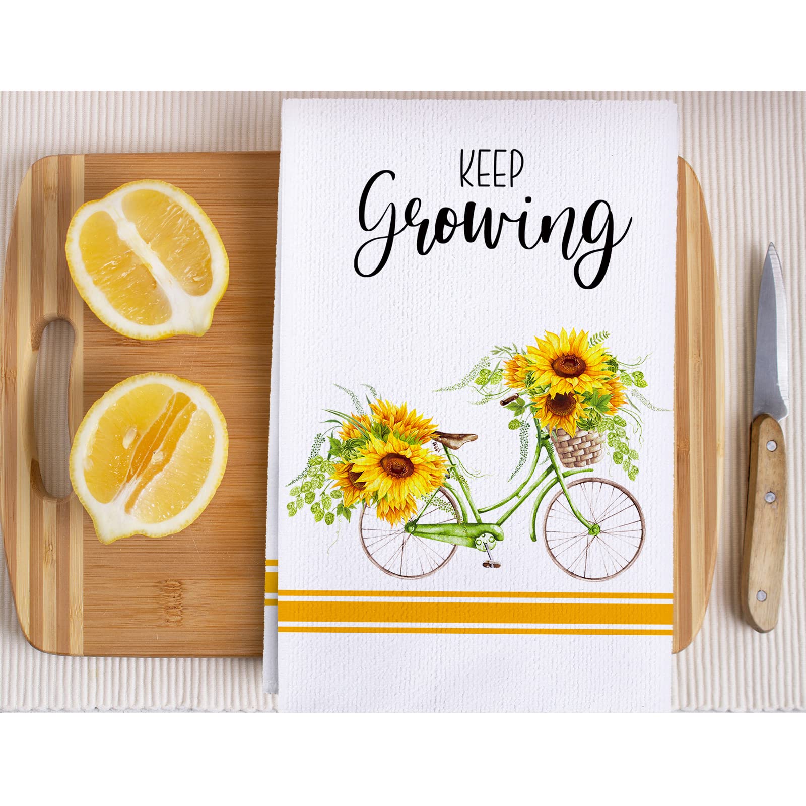 AnyDesign Sunflower Dish Towel 18x28 Inch Spring Summer Tea Towel Orange White Buffalo Plaids Flower Dishcloth Hello Sunshine Gnome Decorative Hand Towel for Bathroom Cooking, 4Pcs, A0196
