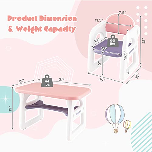 Costzon Kids Table and Chair Set, 3-Piece Plastic Activity Table with Building Blocks, Storage Shelf for Children Reading, Drawing, Writing, Arts & Crafts, Toddler Table and Chair Set (Pink)