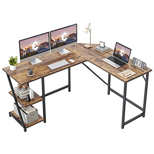 CubiCubi L Shaped Computer Desk, 59.1 inch Industrial Office Desk with Storage Shelves, Rustic Wood and Metal Corner Desk for Home Office Rustic Brown