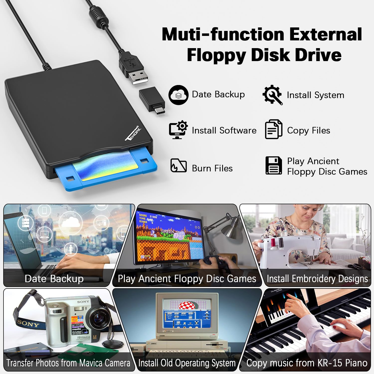 Tendak USB Floppy Disk Drive, Floppy Disk Reader 3.5 inch Portable USB External 1.44MB FDD Diskette Drive for Windows 11/10/8/7/2000/XP/Vista PC Laptop, Plug and Play (Black)