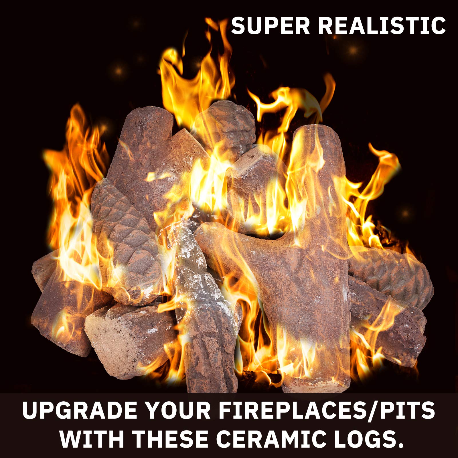 GASPRO Ceramic Logs for Propane Fire Pit or Gas Fireplace, Small Fake Wood Logs Set, 10-Piece