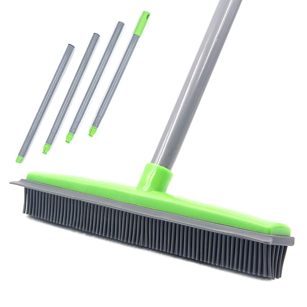 Affogato Iamagie Push Broom Long Handle Rubber Bristles Sweeper Squeegee Edge 59 inches Non Scratch Bristle Broom for Pet Cat Dog Hair Carpet Hardwood Tile Windows Clean Water Resistant