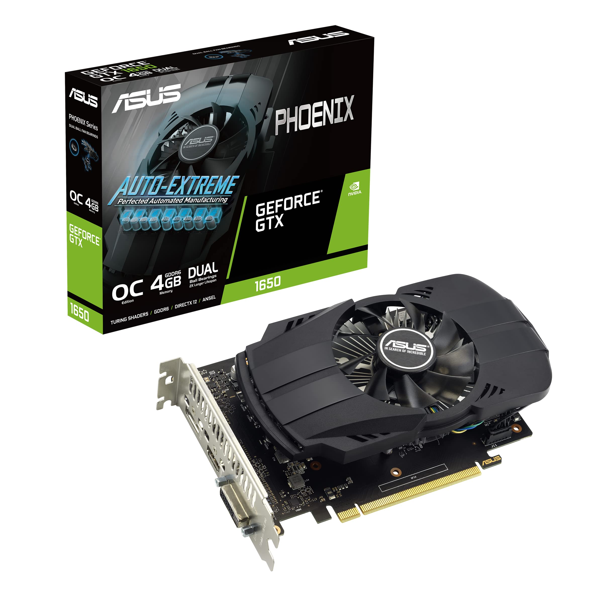 ASUS Phoenix NVIDIA GeForce GTX 1650 OC Edition Gaming Graphics Card (PCIe 3.0, 4GB GDDR6 memory, HDMI 2.0, DisplayPort 1.4a, DVI-D, Dual ball fan bearings, Auto-Extreme)