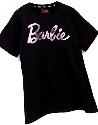 Barbie T-Shirt for Women | Ladies Doll Logo White Pink | Black Longline Relaxed Design Top Clothes Medium