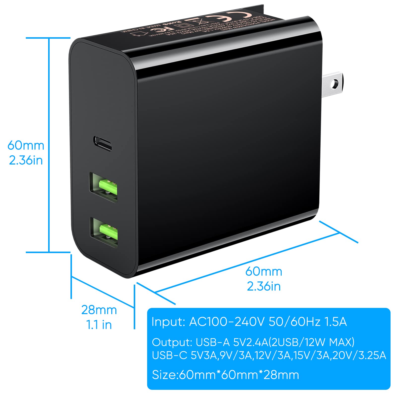 65W USB C Charger for Steam Deck,MENEEA Foldable Power Adapter 3 Port Fast Wall Charger & 6.6ft USB C Charging Cable Cord & US/UK/EU/AU Plug for Travel, Accessories for Steam Deck/Phone/Tablet/Laptop