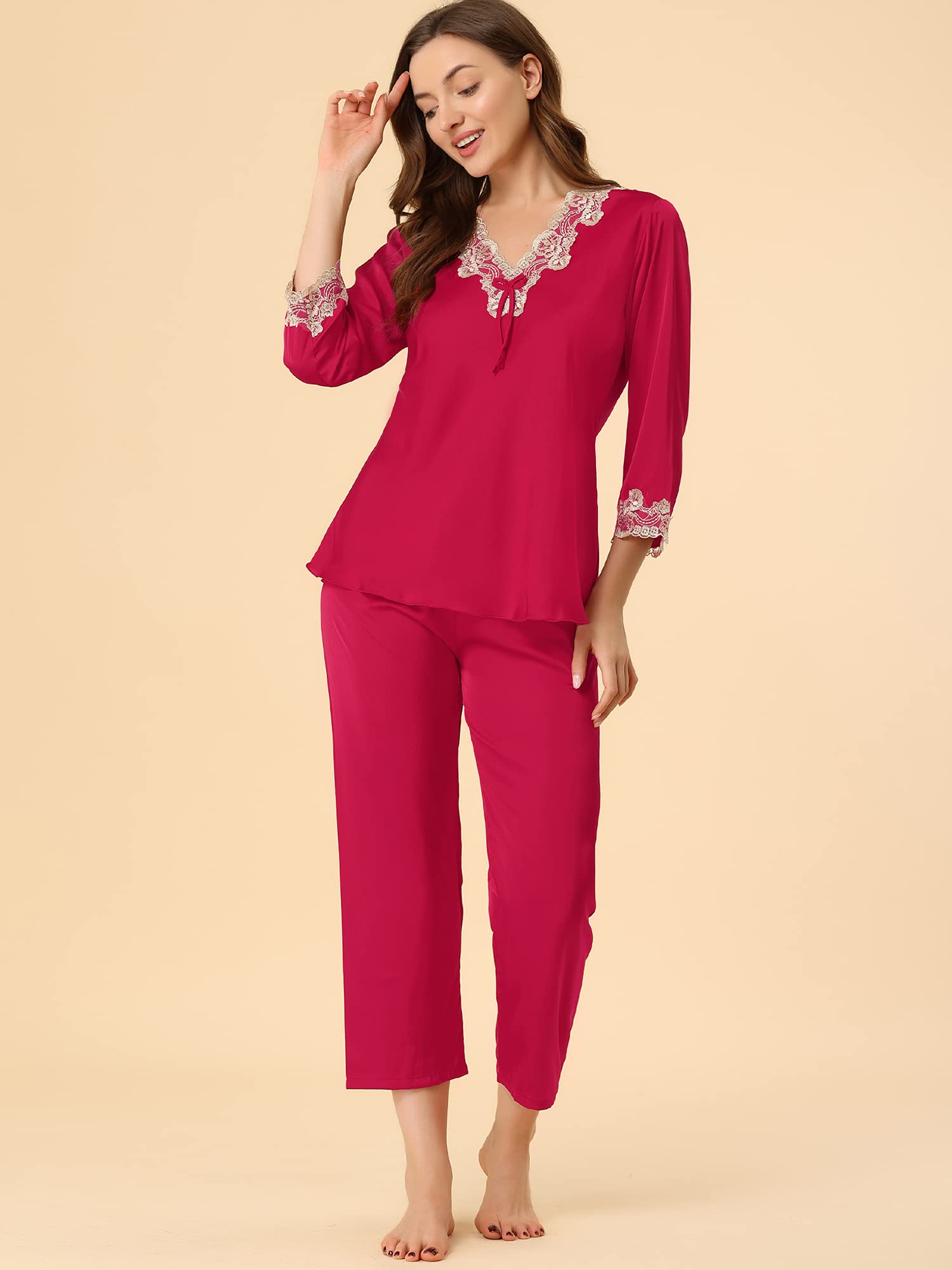 Allegra K Women’s Pajama Sets Sleepwear Soft Female Night Suit Lounge Sets Small Red