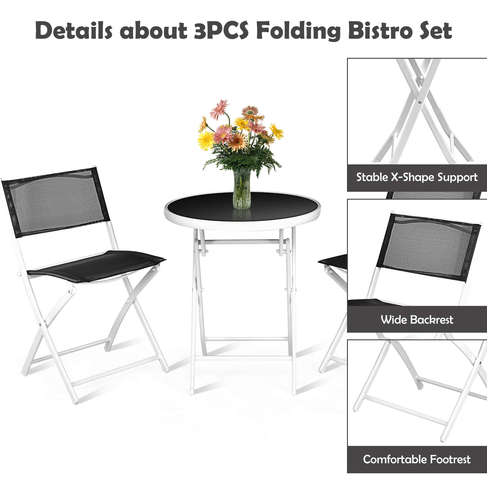 Tangkula 3 Pieces Folding Patio Bistro Set, No Assembly Required, Outdoor Folding Chairs & Table Set with Tempered Glass Tabletop, Outdoor Furniture Set for Garden, Poolside & Backyard (Black)