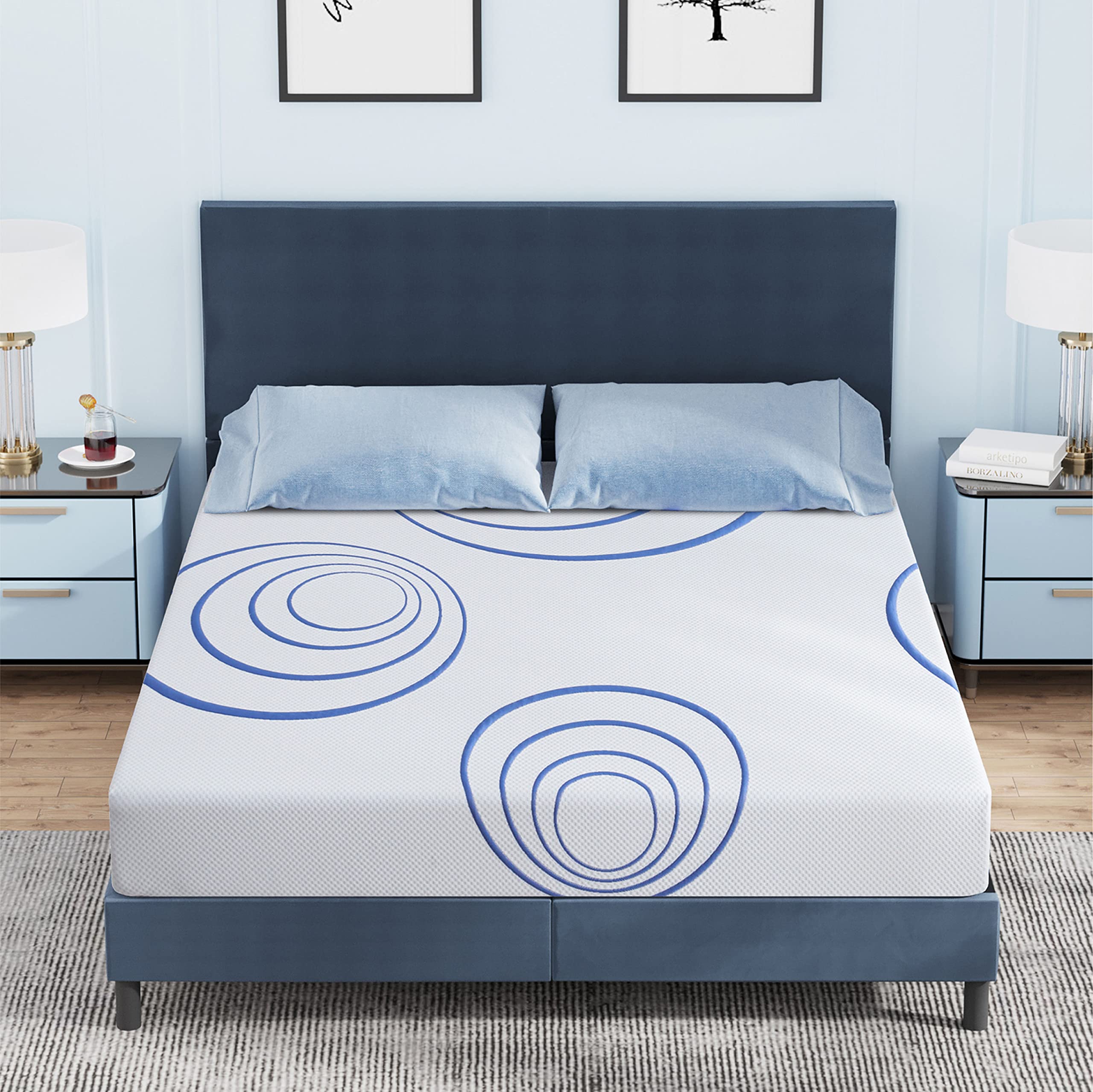 EGOHOME 8 Inch Twin XL Mattress, Charcoal Gel Cooling Memory Foam Mattress in a Box, Medium Fiberglass Free Mattress Made in USA, CertiPUR-US Certified, Blue