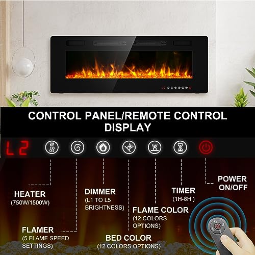 BREEZEHEAT 50inch Electric Fireplace Recessed Wall Mounted-Ultra Thin Fireplace Heater for Living Room/Bedroom with 2 Heat Vents, Remote Control, Touch Screen, Adjustable Flame, 8H Timer, 750w/1500w