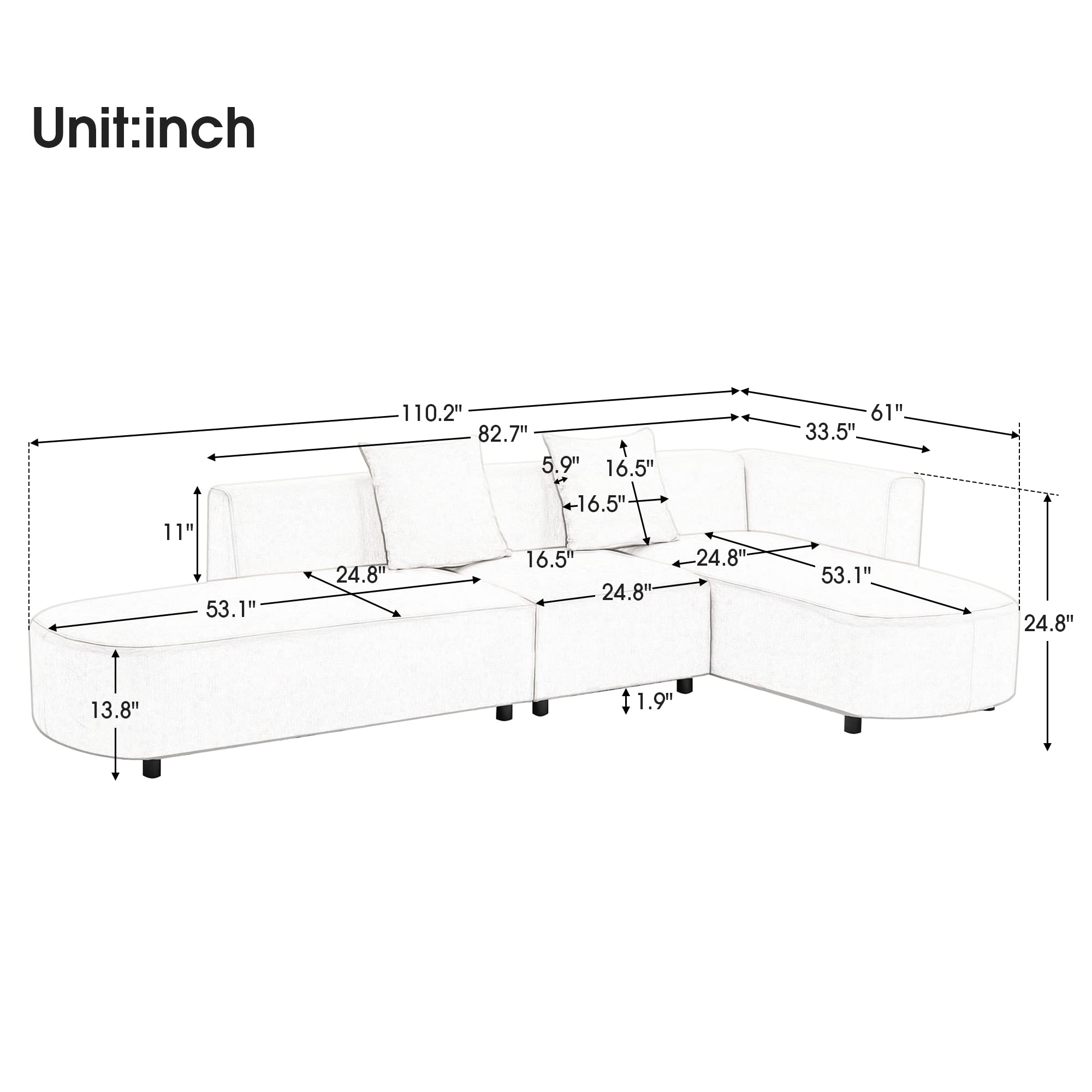 P PURLOVE 110.2 Inch Modern Sectional Sofa Couch,L Shape Chenille Sofa Couch with 2 Pillows,Modern Minimalist Style Couch for Apartment, Living Room,Beige Sofa Sectional