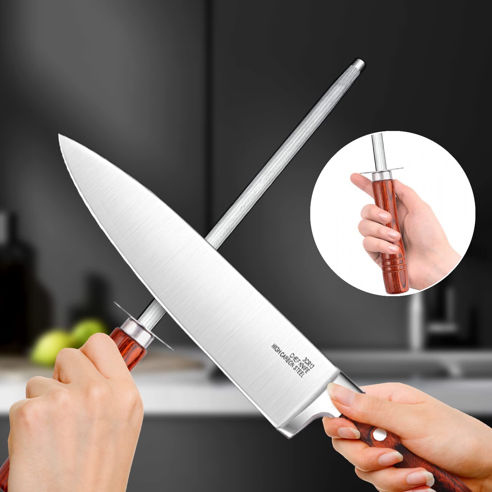 Kitchen Knife Block Set, E-far 17-Piece High Carbon Forged Stainless Steel Knife Sets Includes Chef Utility Paring Steak Serrated Bread Santoku Knife Sharpener - Full Tang Design