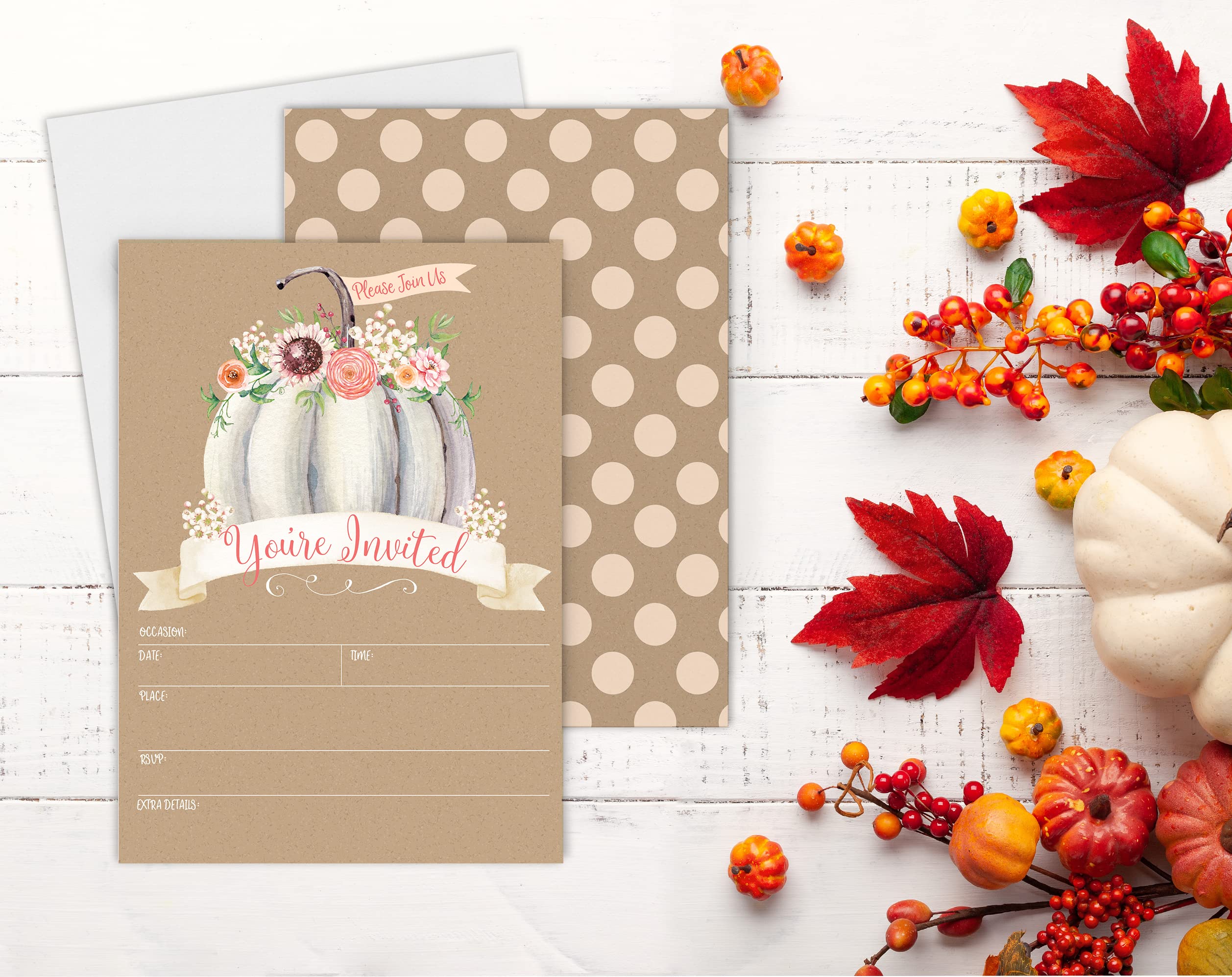 Pumpkin Fall Baby Shower Invitations, A6 Envelopes Included, 20 Count Pack, Premium Heavy-weight Card Stock, Two Sided, Autumn Floral Design, Pink and Gold Color