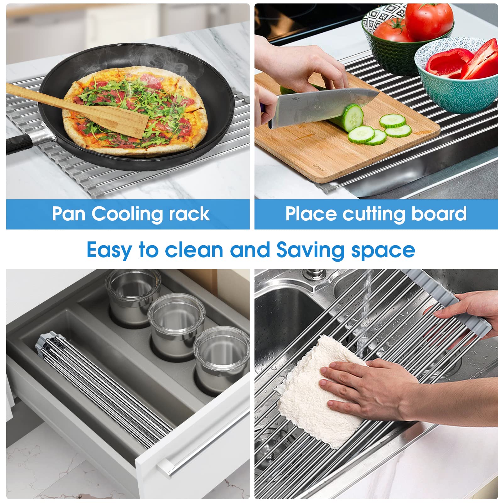AOUAO Roll Up Dish Drying Rack,Multipurpose Stainless Steel Over The Sink Drainer Rack,Kitchen Portable Dish Rack (Round)