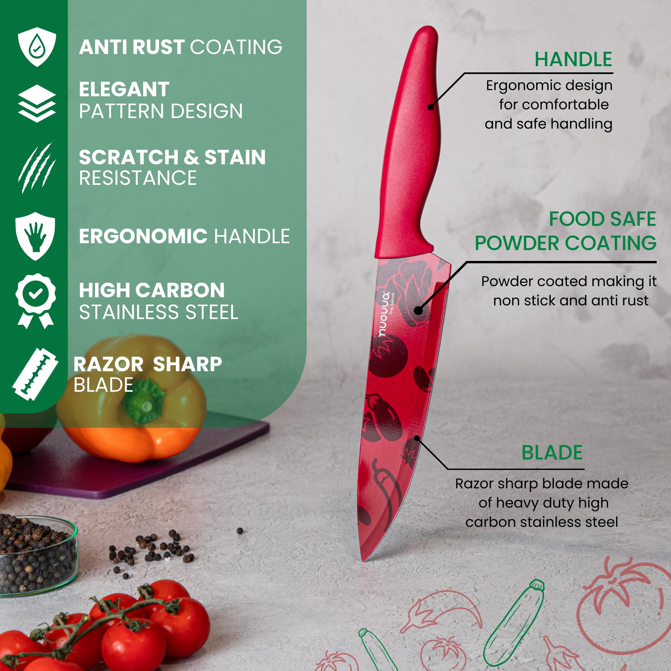 nuovva Sharp Kitchen Filleting Knives β 5pcs Copper Kitchen Knives β Black Non Stick Blades