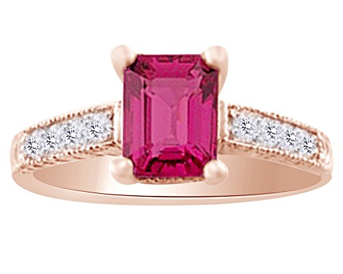AFFY 1.75 cttw Simulated Pink Sapphire & White Natural Diamond Vintage Engagement Wedding Ring in 14k Rose Gold Ring Size 13.5