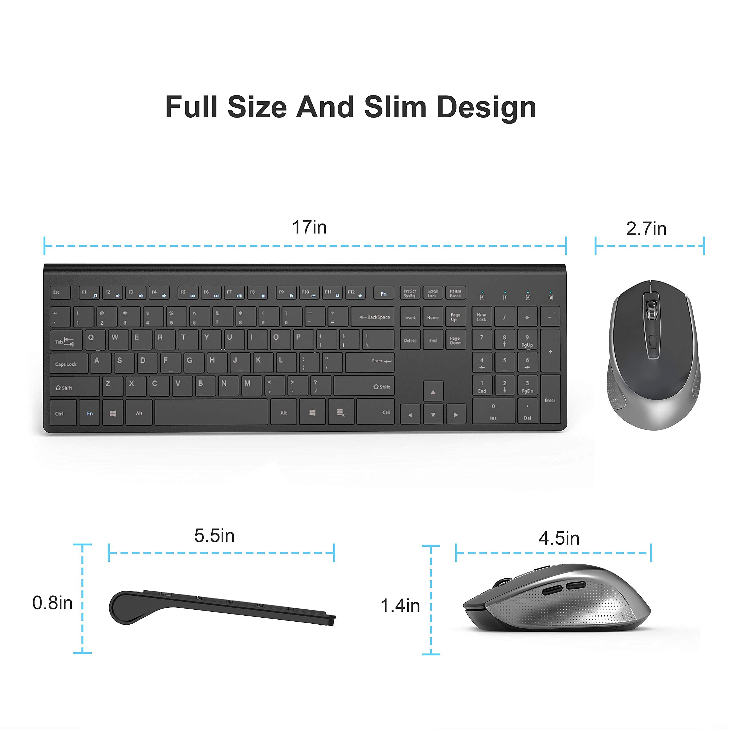 Wireless Keyboard and Mouse, J JOYACCESS 2.4G USB Ultra Slim Full Size Ergonomic Rechargeable Keyboard and Slient Cordless Mouse with Back/Forward Buttons for Mac/Windows/Laptop/Desktop - Black