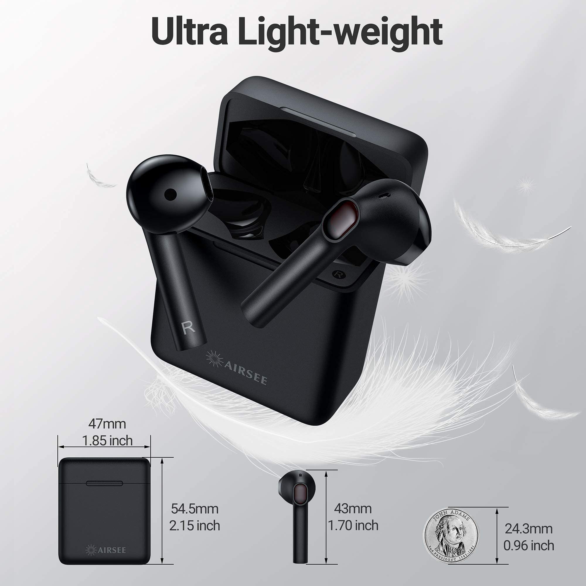 AIRSEE Wireless Earbuds for iPhone Android | Bluetooth Earbuds with HiFi Stereo Sound and Microphone 25H Playtime | Waterproof IPX5 Bluetooth Headphones with Charging Case | Matte Black