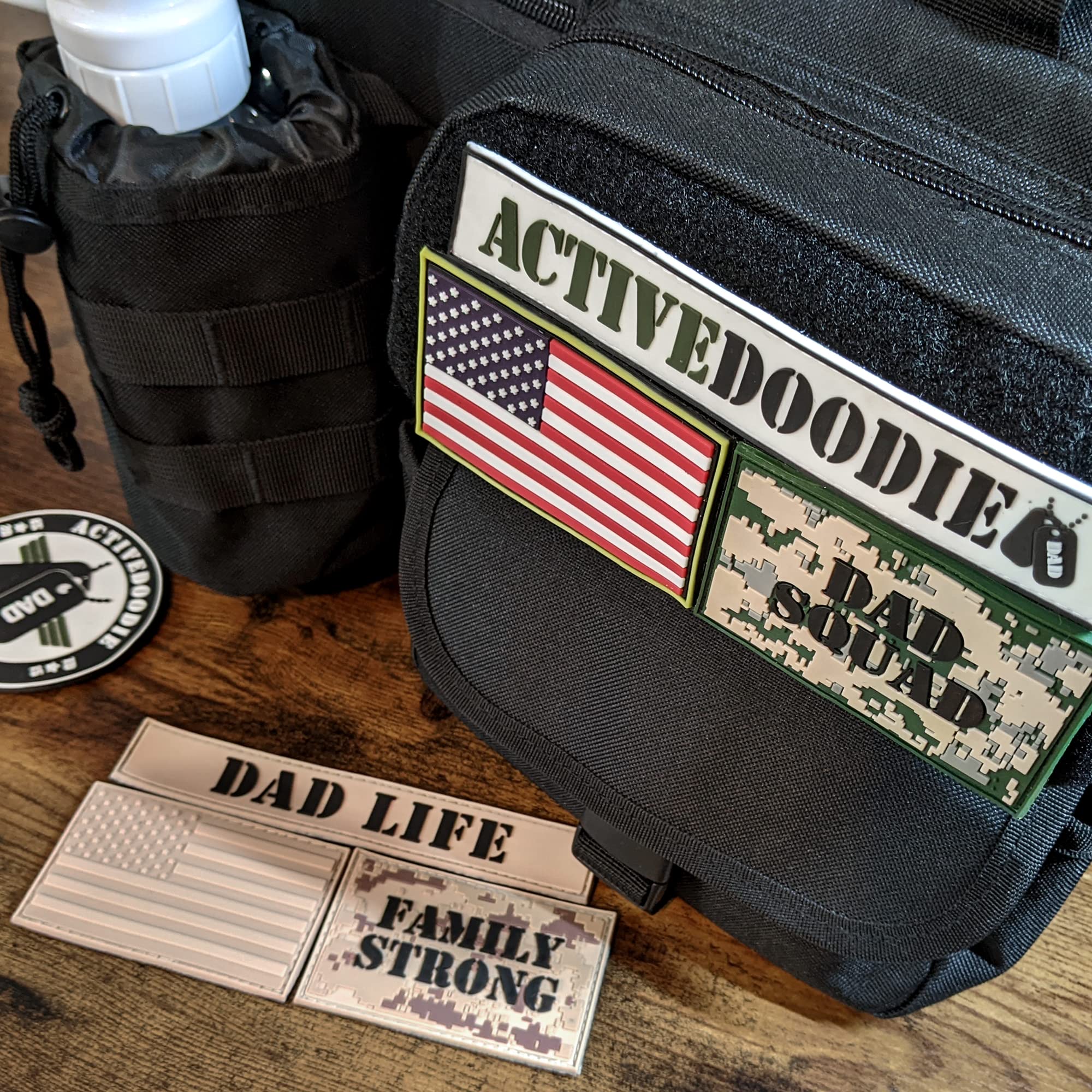 ActiveDoodie Dad Diaper Bag Messenger Combo with Changing Pad, Removable Molle Bottle Holder, Black with 8 Morale Patches