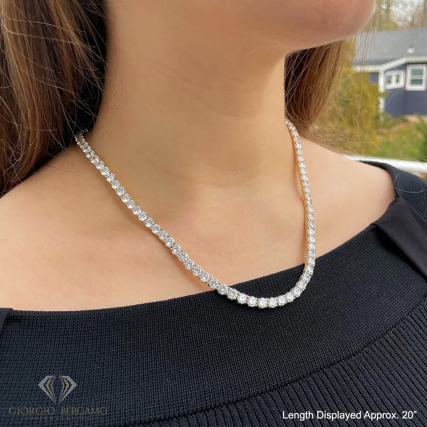 Giorgio Bergamo 925 Sterling Silver 5mm Tennis Necklace, Iced Out Round Cut CZ Cubic Zirconia Rhodium Plated Link Chain, (20)