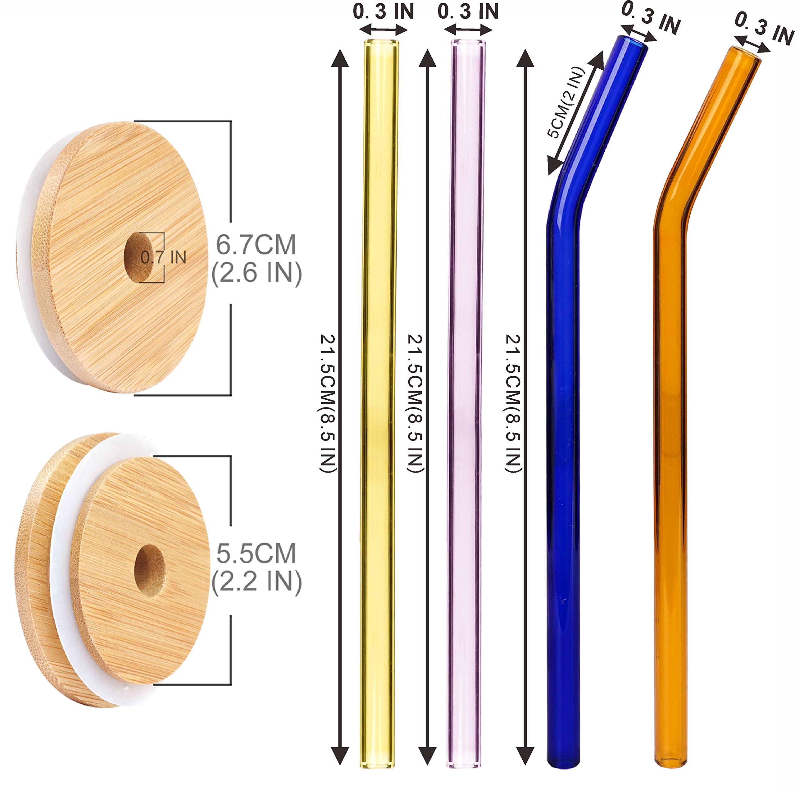 Bamboo Lids for Beer Can Glass, ANOTION Mason Jar Lids with Straw Hole, 4 Reusable Bamboo Mason Jar Drinking Lids for Regular Mouth Mason Jar with 4 Muti-Color Glass Straw for Coffee Boba Cup