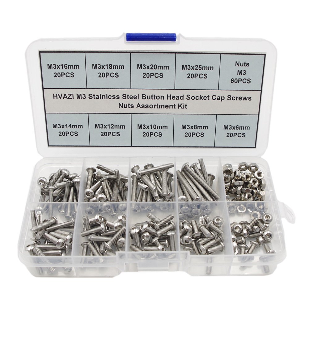 HVAZI Metric M3 304 Stainless Steel Button Head Socket Cap Screws Nuts Assortment Kit