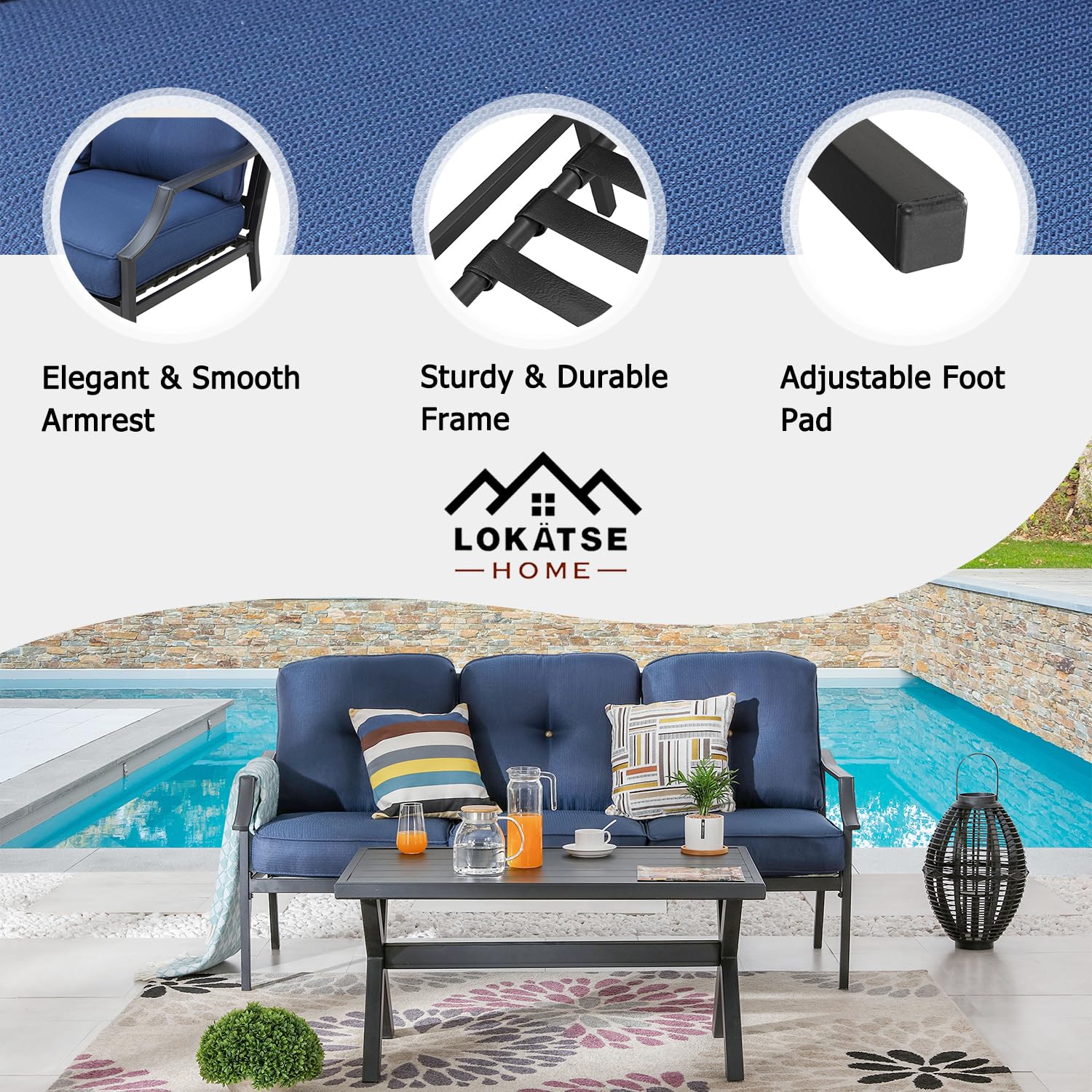 LOKATSE HOME Outdoor Patio Cushioned Loveseat 3 Seats Sofa Bench with Metal Coffee Table, Blue