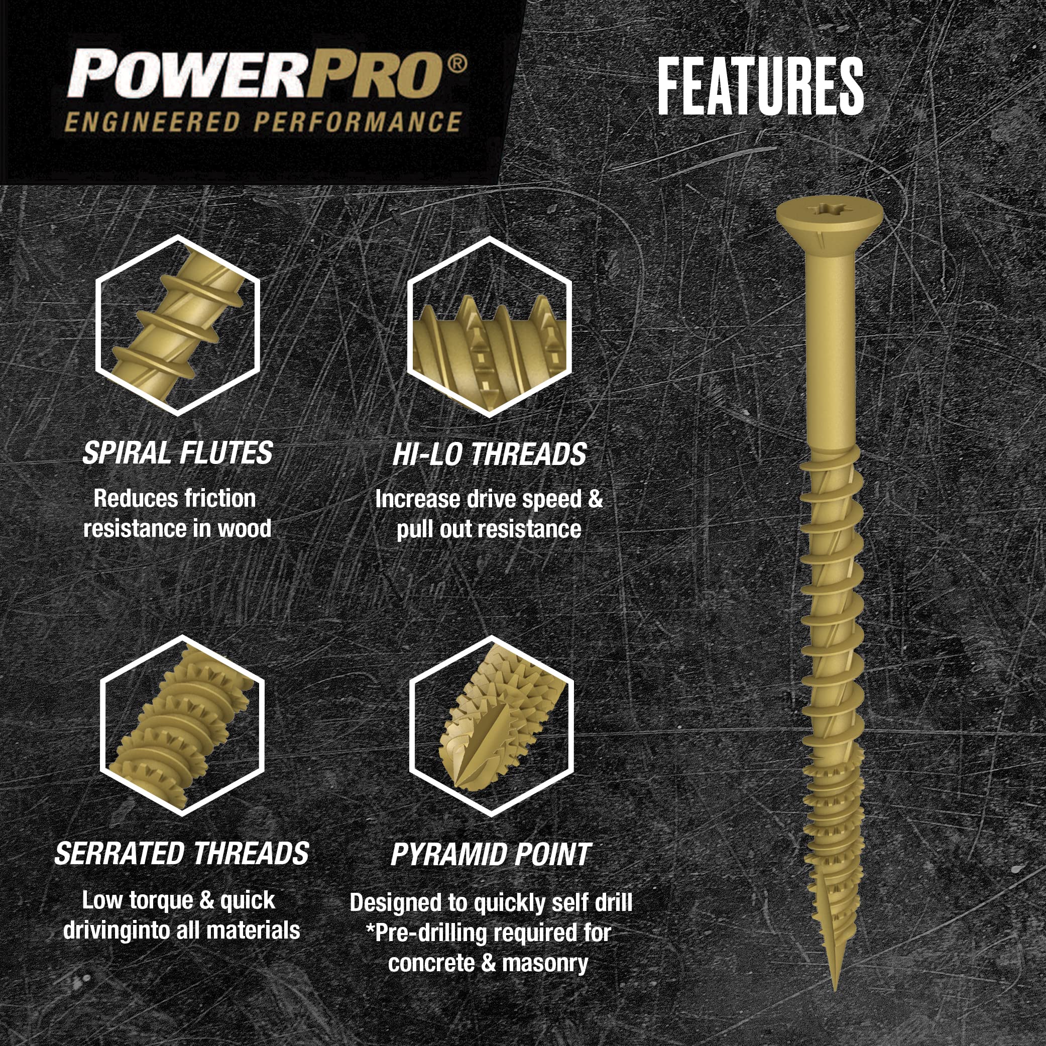 Power Pro Premium One Multi-Material Flat Head Screws, Epoxy Coated Steel, Fasten in Wood, Metal, Concrete, Drywall and Plastic, Bronze, ¼ x 3-½ inches, Box of 10 Screws