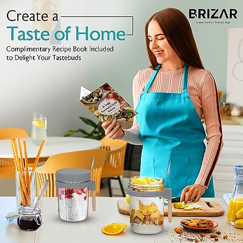 BRIZAR Overnight Oats Containers with Lids Glass - Airtight Overnight Oats Jars & Recipe Book - Overnight Oats Container for Food Storage, Oatmeal, Chia Pudding, Fruit, Yogurt - 2 Pack, 10 oz