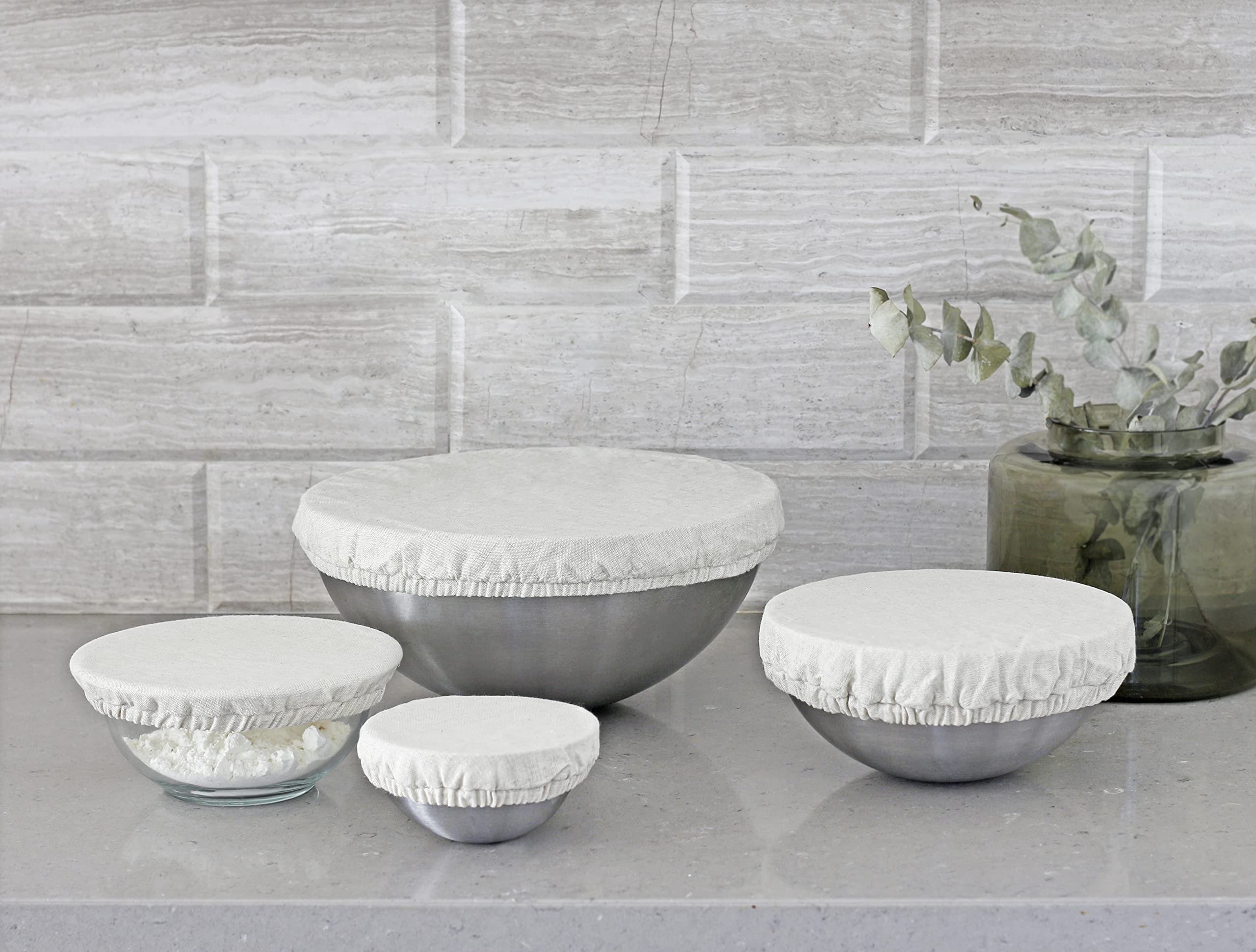 Reusable Fabric Bowl Covers for Bread Proofing - 4 Pieces, Washable and All-Natural 100% Cotton Cloth Bowl Covers for Bread Rising - Elastic Closure Fits Multiple Bowl Sizes (Off-White)