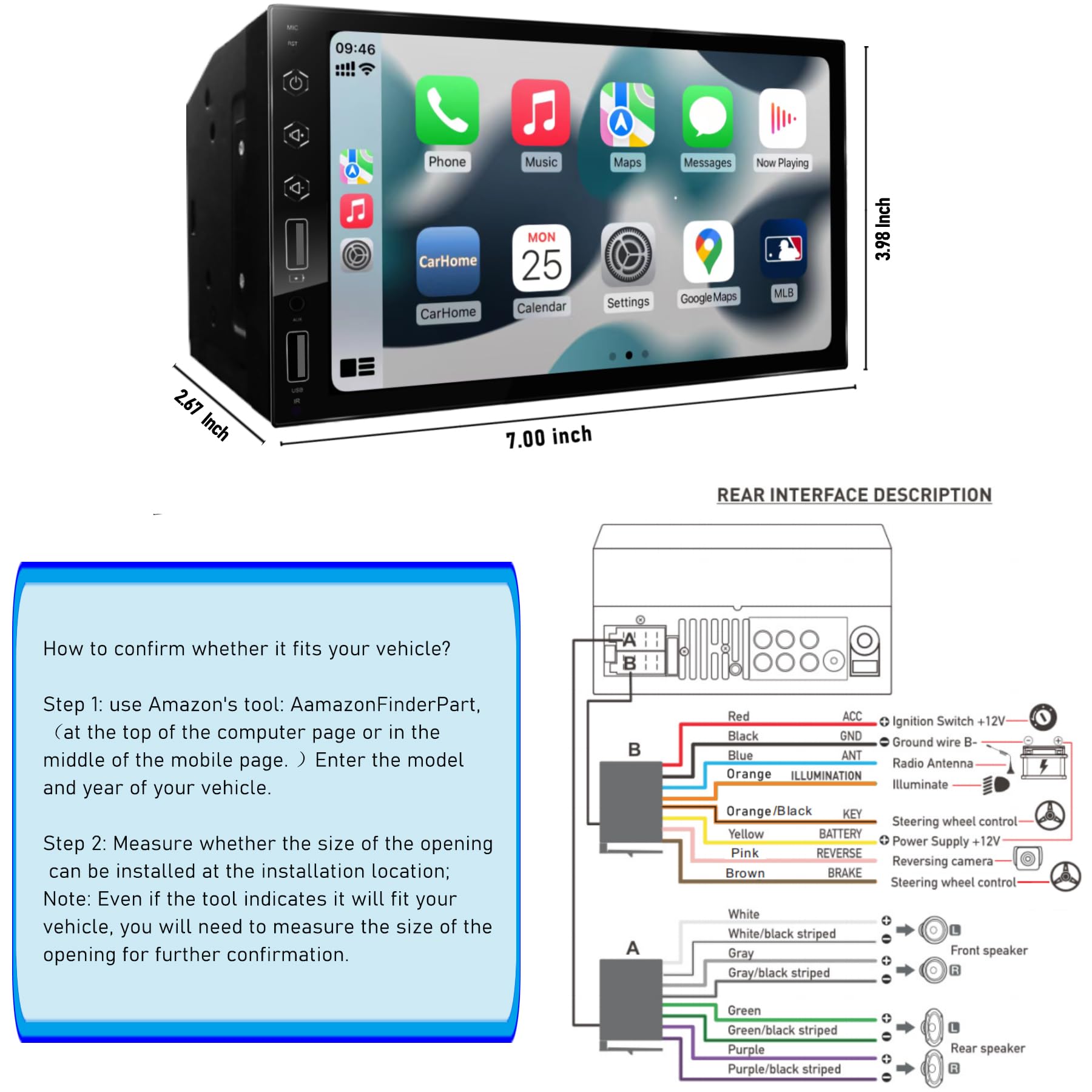7 Inch Touch Screen Double Din Car Stereo with Bluetooth 5.1, Android Auto, Apple CarPlay, Backup Camera, Subwoofer, FM Radio, Mirror Link