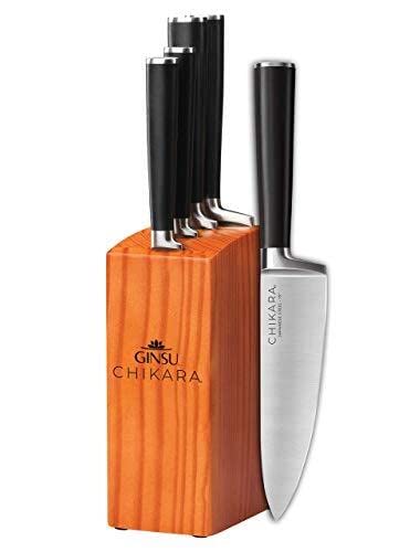 Ginsu Chikara Series Forged 5-Piece Japanese Steel Knife Set – Cutlery Set with 420J Stainless Steel Kitchen Knives – Toffee Finish Block, 07135DS