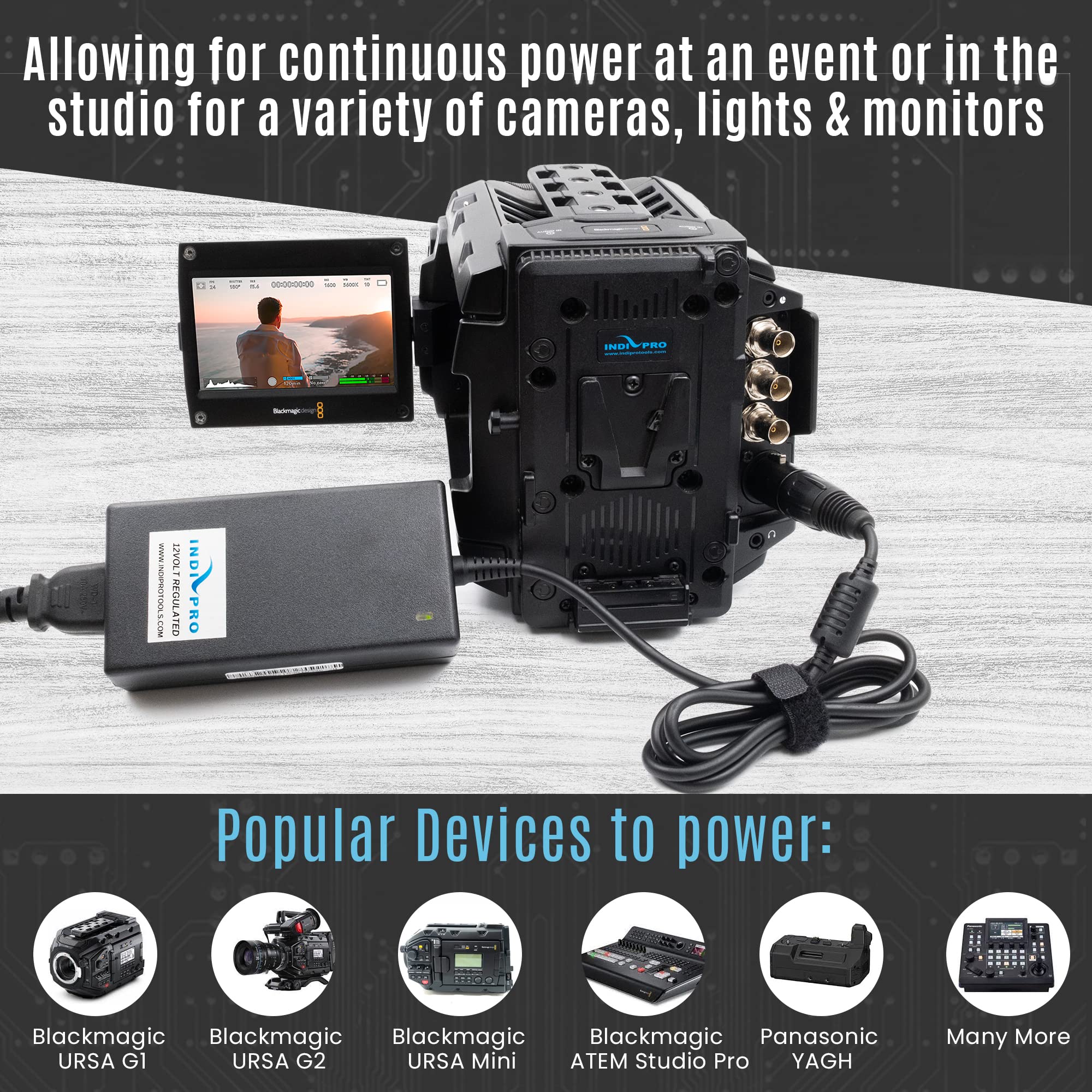 Indipro 12V, 10A AC Power Supply with 4-Pin Neutrix XLR Female Connector | Power Pro Cameras, Lights & Other Devices | Provide Continuous Power | Accepts 100 to 240 VAC Power | 8’ in Length