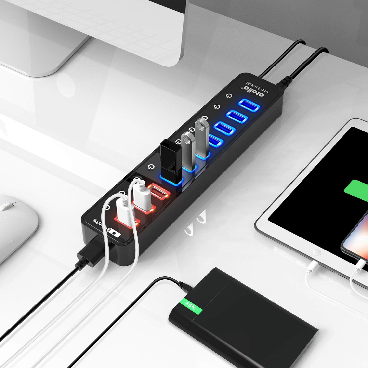 Powered USB 3.0 Hub, Atolla USB 3.0 Data Hub 11 Ports - 7 USB 3.0 Data Ports + 4 Smart Charging Port with Individual On/Off Switches and 12V/4A Power Adapter USB Hub 3.0 Splitter