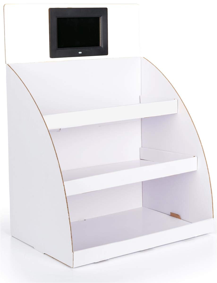 Displays2go Countertop Cardboard Shelving with 7" Digital Display – White (TBSH3WTDG)