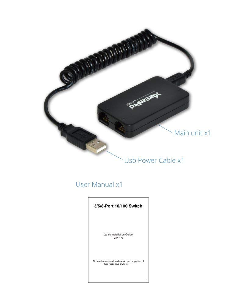 XtremPro 3-Port USB Powered 10/100Mbps Ethernet RJ45 Network Switch Hub - Black (61024)