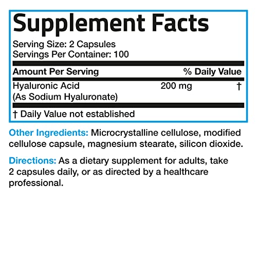 Bronson Hyaluronic Acid 200 MG High Potency Joint Health & Healthy Skin Support, Non-GMO, 200 Vegetarian Capsules